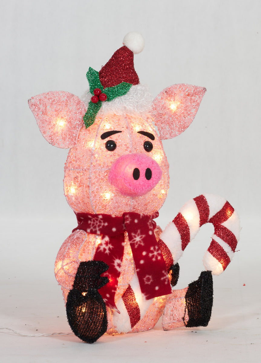 20" UL Glittering Thread Pig With Candy Cane Sculpture – Seasons ...